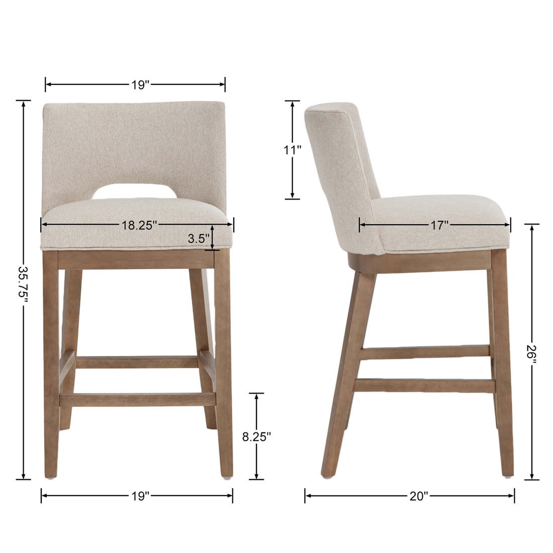 26" Linen Armless Open Back Counter Bar Stools Set of 2 - 3226CS