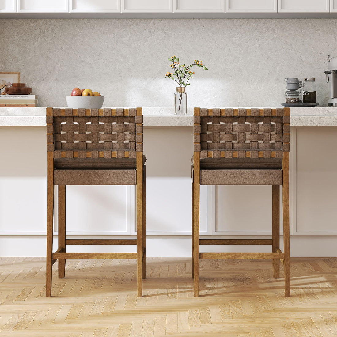 Kmax Mid Century Leather Rattan Bar Stools Set of 2 - 50080CS