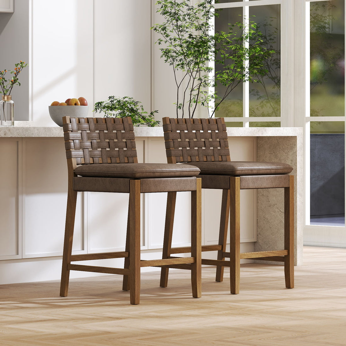 Kmax Mid Century Leather Rattan Bar Stools Set of 2 - 50080CS